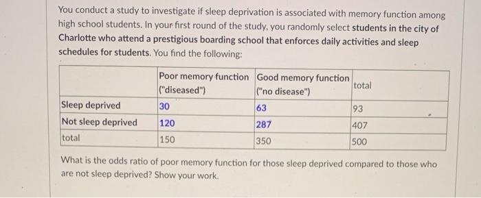 Solved You conduct a study to investigate if sleep | Chegg.com
