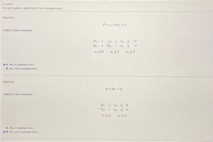 Solved For each system, determine if it is in standard form. | Chegg.com