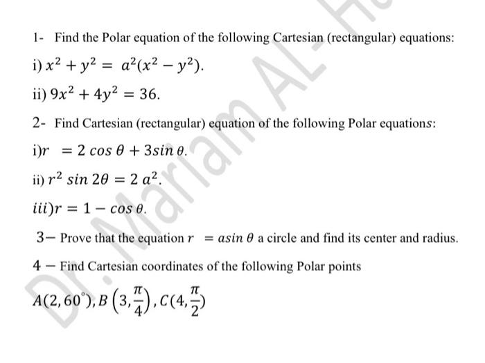 Solved 1. Find the Polar equation of the following Cartesian | Chegg.com
