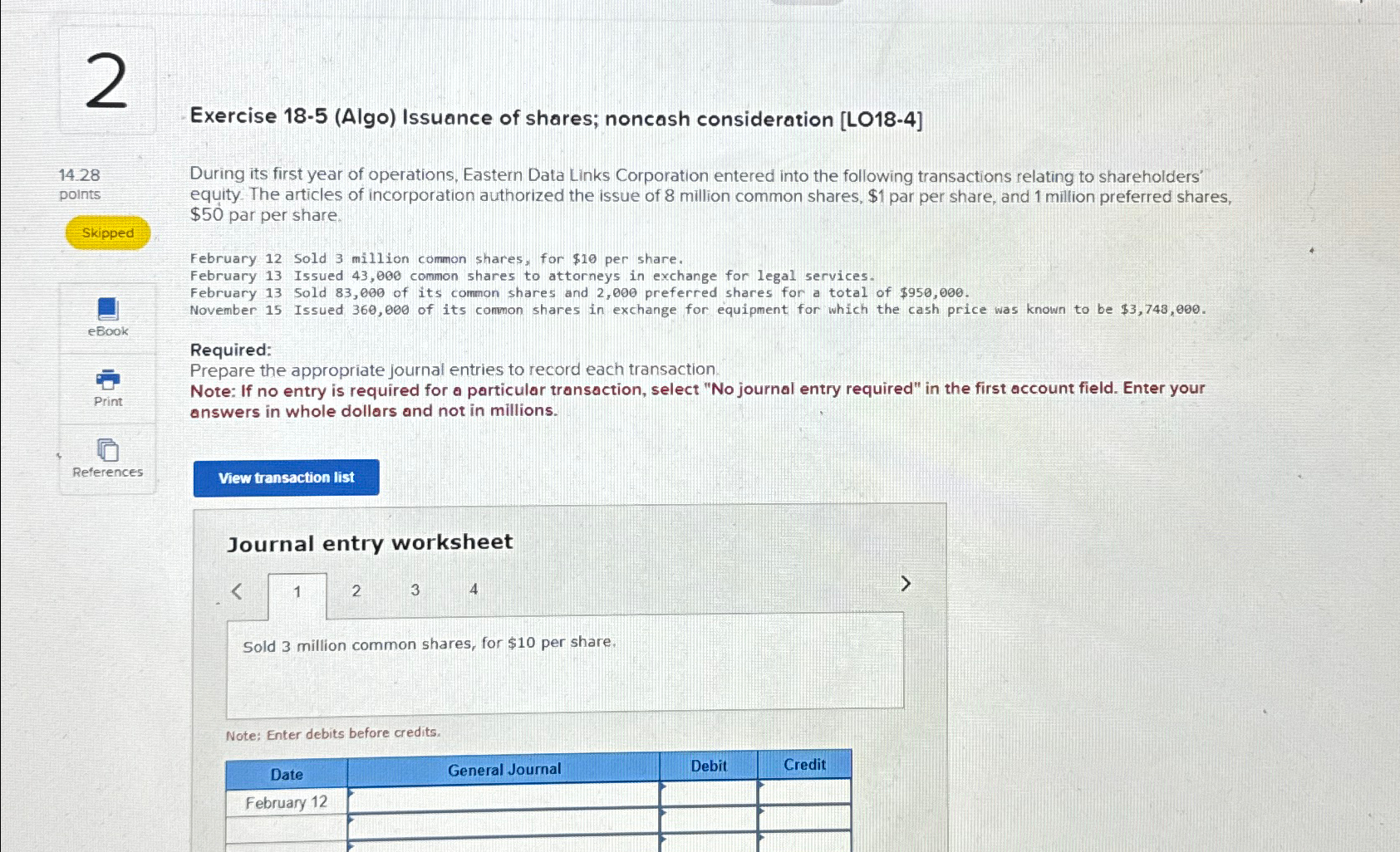 Solved Exercise 18-5 (Algo) ﻿Issuance of shares; noncash | Chegg.com