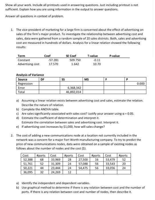 Solved Show all your work. Include all printouts used in | Chegg.com