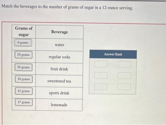 Solved Match the beverages to the number of grams of sugar | Chegg.com