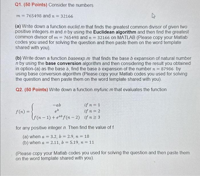 Solved Q1. (50 Points) Consider the numbers. m = 765498 and | Chegg.com