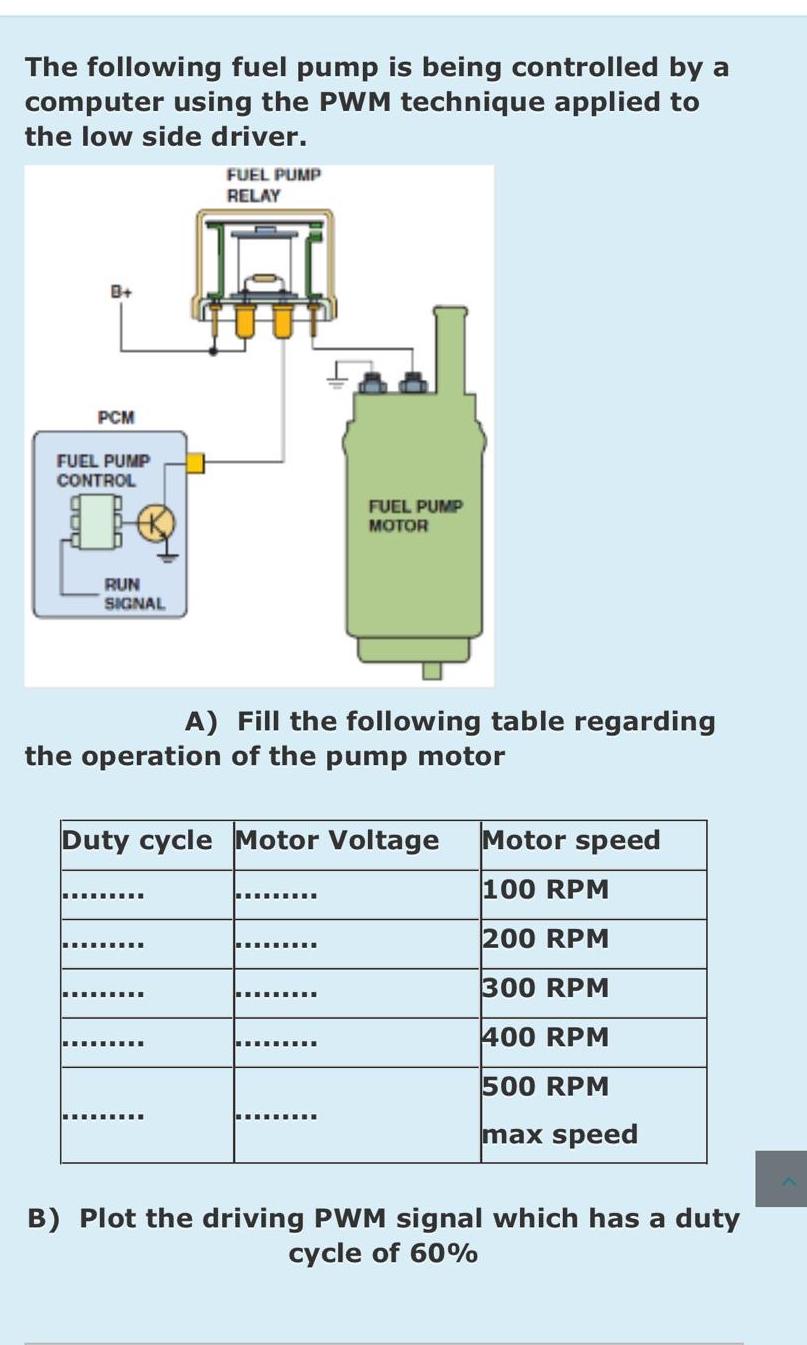 Solved The following fuel pump is being controlled by a | Chegg.com