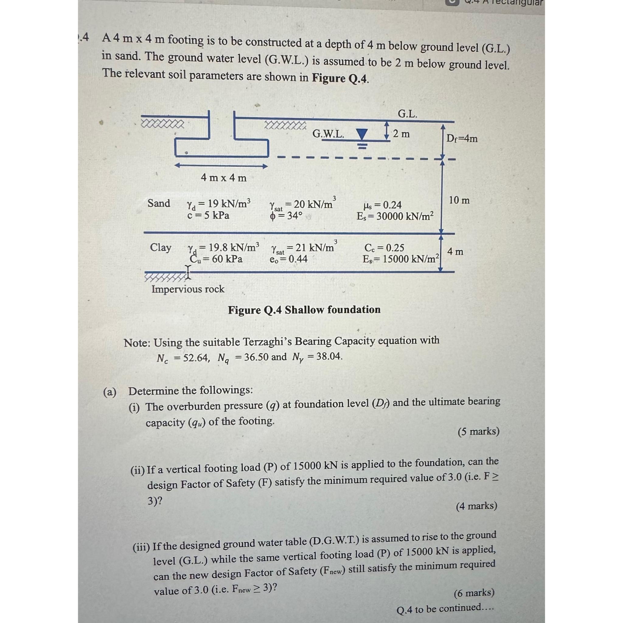 Solved A 4m×4m ﻿footing is to be constructed at a depth of | Chegg.com