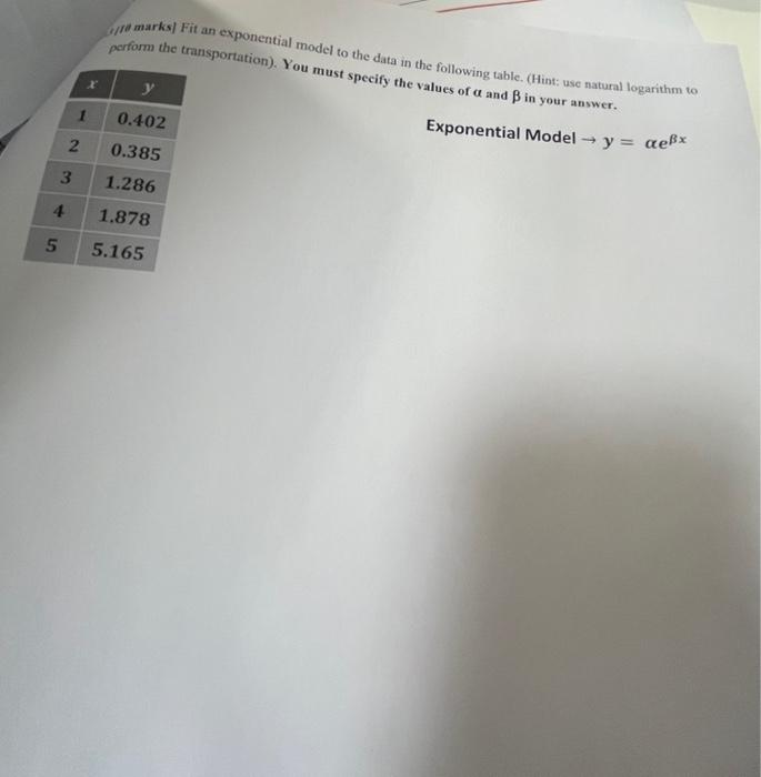 Solved Fit an exponential model to the data in the following | Chegg.com