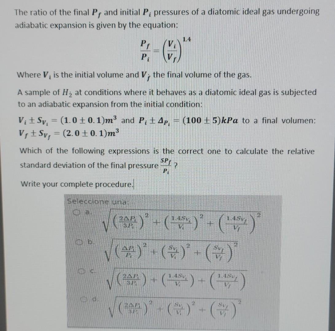 Solved The ratio of the final Pf and initial Pi pressures of | Chegg.com