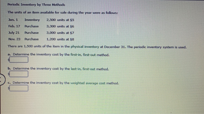 Solved Periodic Inventory by Three Methods The units of an | Chegg.com