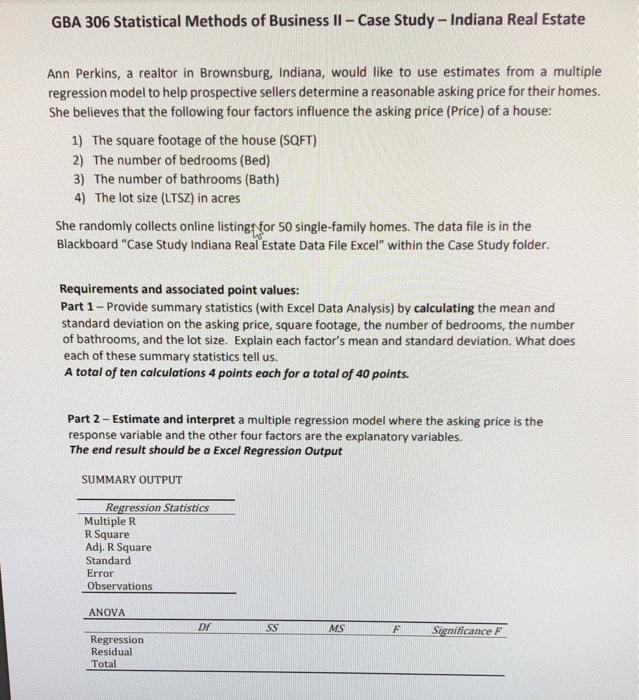 Solved GBA 306 Statistical Methods of Business 11 - Case | Chegg.com