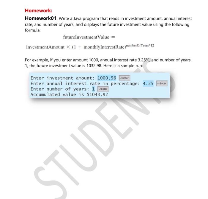Solved Homework: Homework01. Write a Java program that reads | Chegg.com