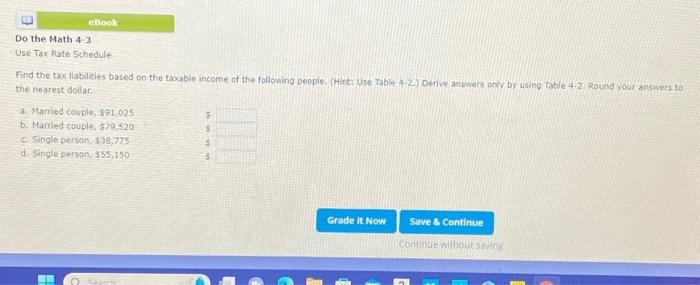 Solved eBook Do the Math 4-3 Use Tax Rate Schedule Find the | Chegg.com