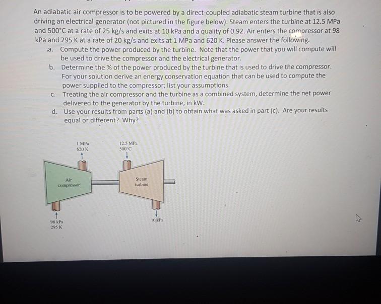 Solved An adiabatic air compressor is to be powered by a | Chegg.com