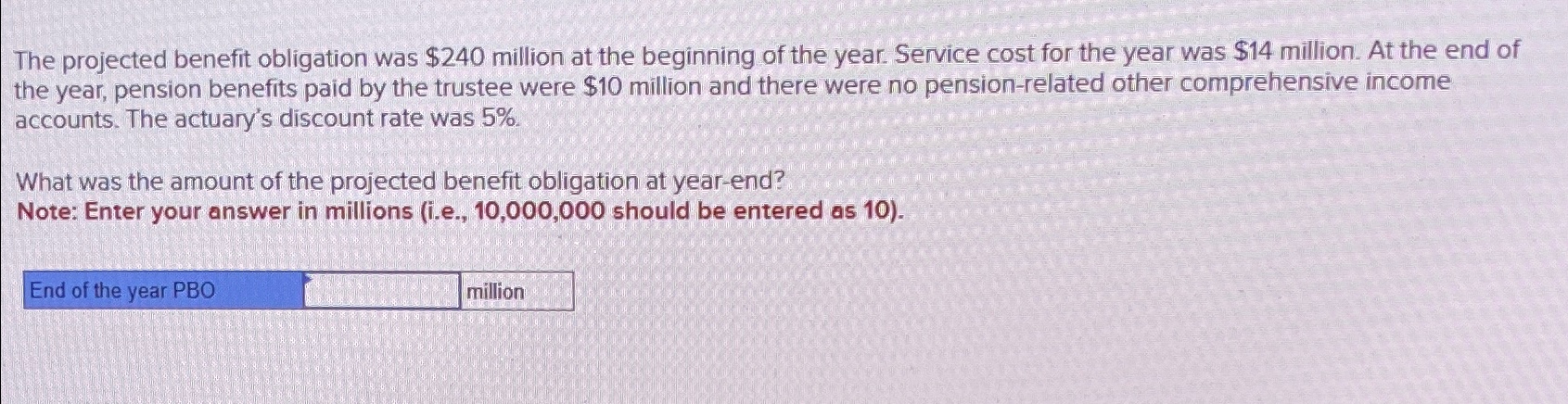 Solved The projected benefit obligation was $240 ﻿million at | Chegg.com