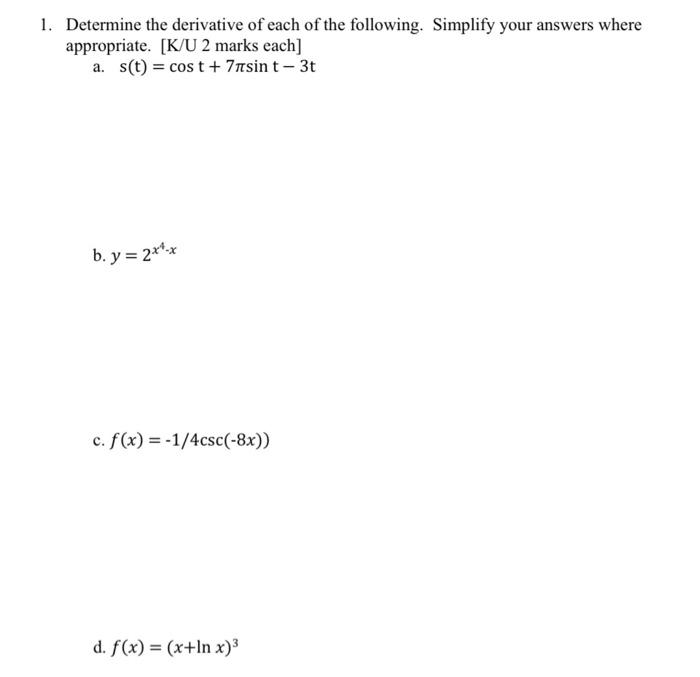 Solved 1. Determine the derivative of each of the following. | Chegg.com