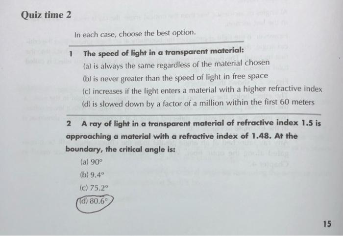 Introduction to Fiber Optics Quiz time 1 In each | Chegg.com