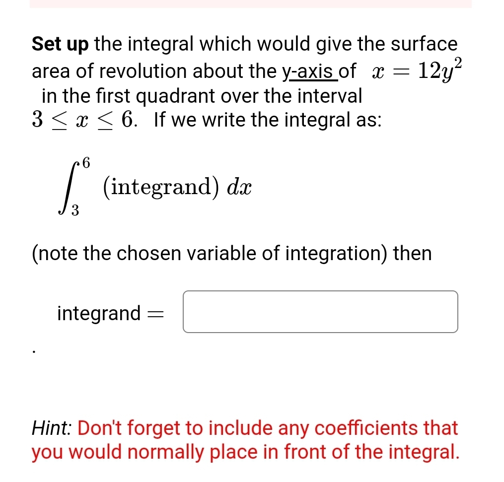 Solved Set up the integral which would give the surface area | Chegg.com