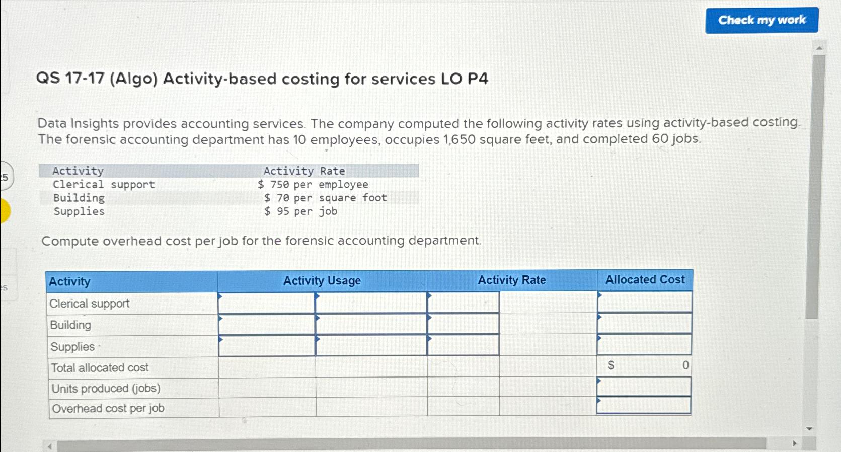 Solved QS 17-17 (Algo) ﻿Activity-based costing for services | Chegg.com