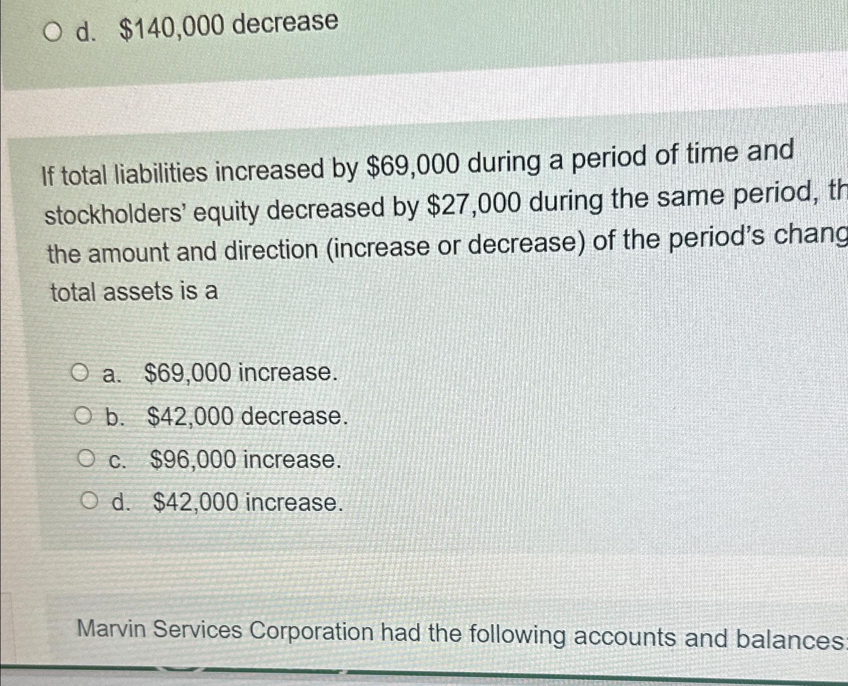 Solved d. ﻿$140,000 ﻿decreaseIf total liabilities increased | Chegg.com