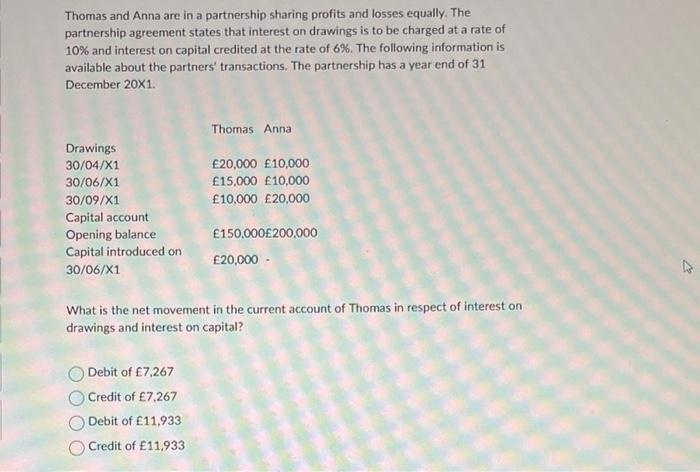 Solved Thomas and Anna are in a partnership sharing profits | Chegg.com