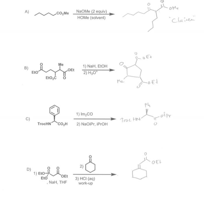 Solved оме A) CO2Me NaoMe (2 equiv) HOMe (solvent) Claisen | Chegg.com