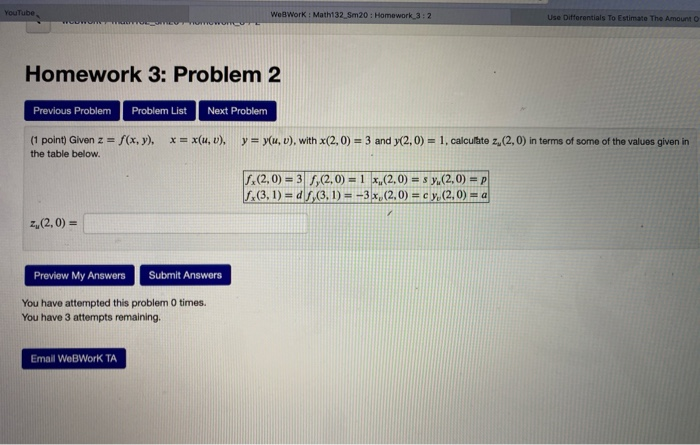 Solved YouTube WebWork : Math132 Sm20 : Homework 3:2 Use | Chegg.com