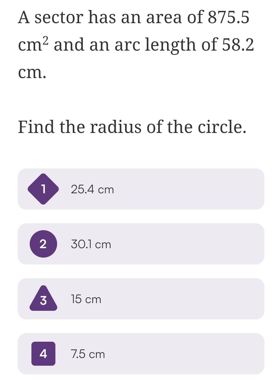Solved A sector has an area of 875.5 cm2 and an arc length | Chegg.com