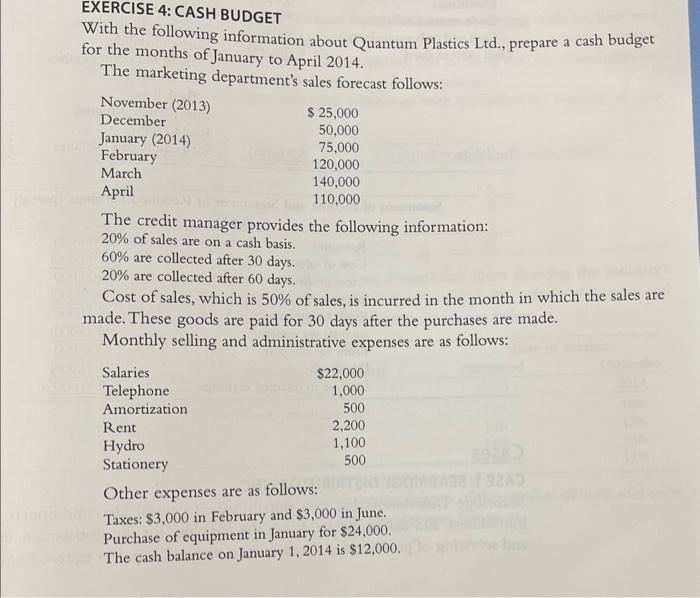 Solved EXERCISE 4: CASH BUDGET With the following | Chegg.com