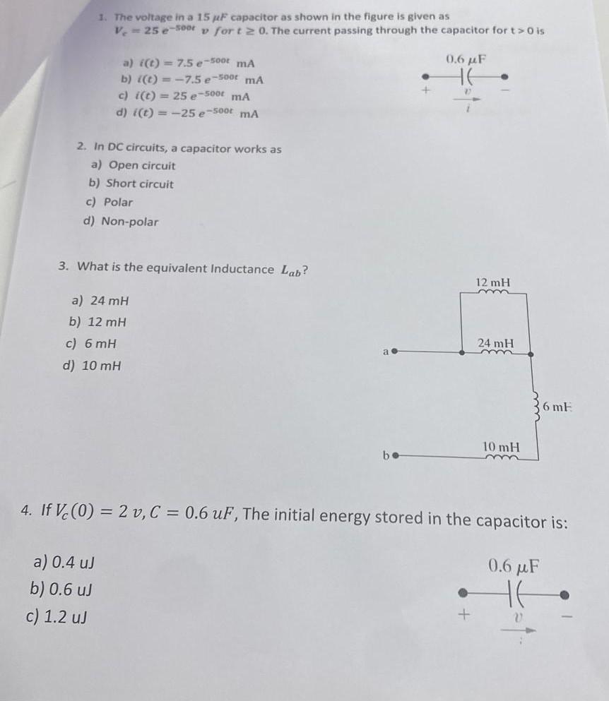 Solved 1. The voltage in a 15μF capacitor as shown in the | Chegg.com