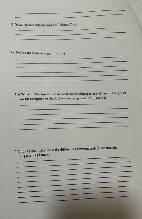 Solved 8) State the two subcategories of Bilateria? [2] 9) | Chegg.com