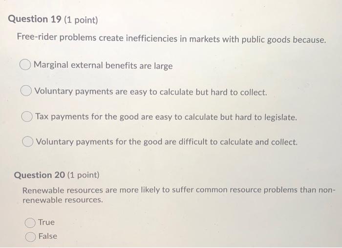 Solved Question 19 (1 point) Free-rider problems create | Chegg.com