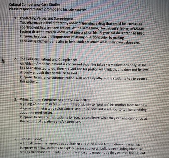 Solved Cultural Competency Case Studies Please respond to | Chegg.com