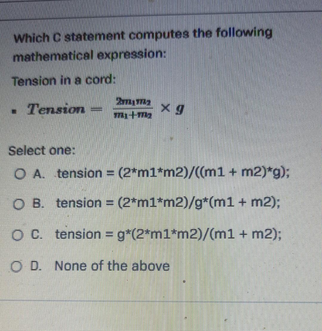 Solved Which C statement computes the following mathematical | Chegg.com