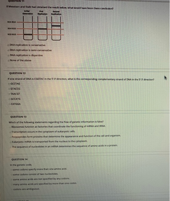 Solved QUESTION 11 Meselson and Stahl had obtained the resuk | Chegg.com
