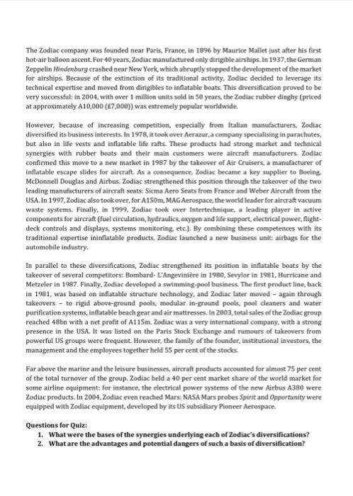 Solved The Zodiac company was founded near Paris, France, in | Chegg.com