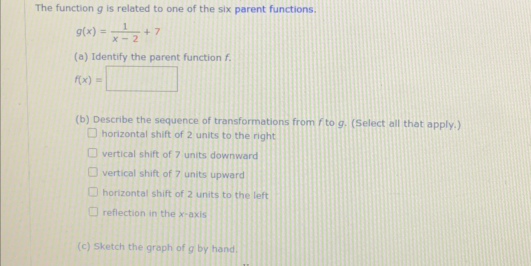 Solved The function g ﻿is related to one of the six parent | Chegg.com