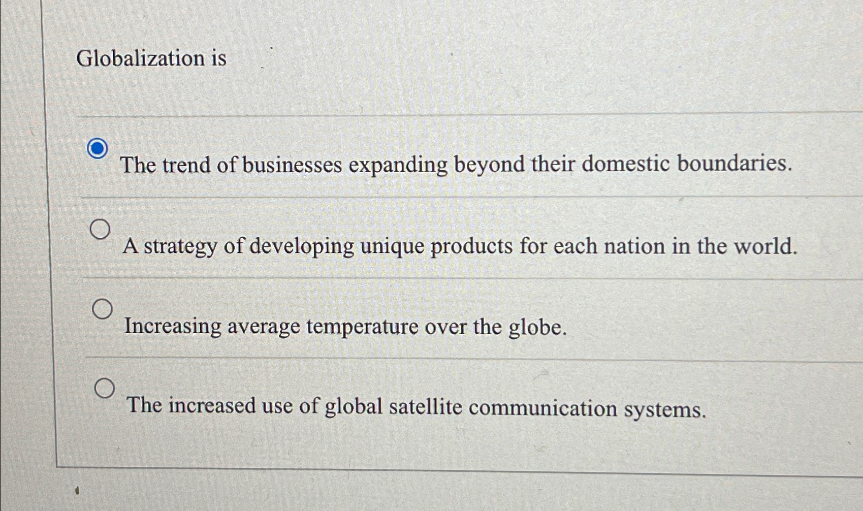 Solved Globalization isThe trend of businesses expanding | Chegg.com