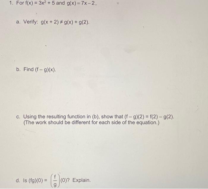 Solved For f(x)=3x2+5 and g(x)=7x−2, a. Verify: | Chegg.com