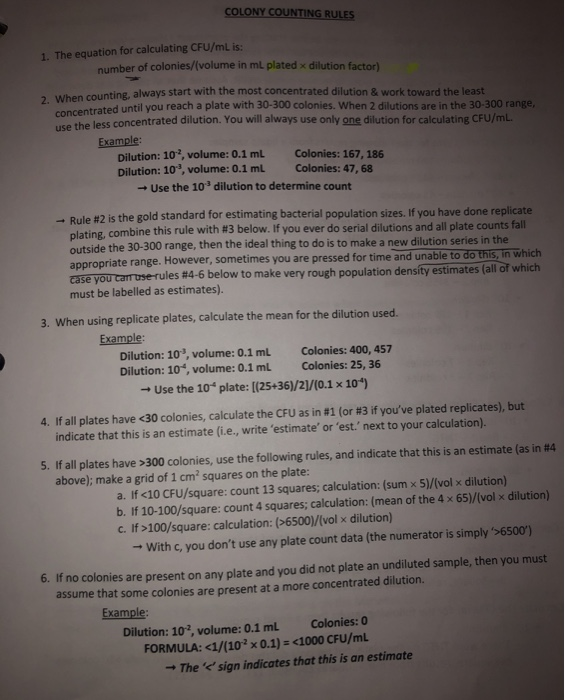 Solved COLONY COUNTING RULES 1. The equation for calculating | Chegg.com