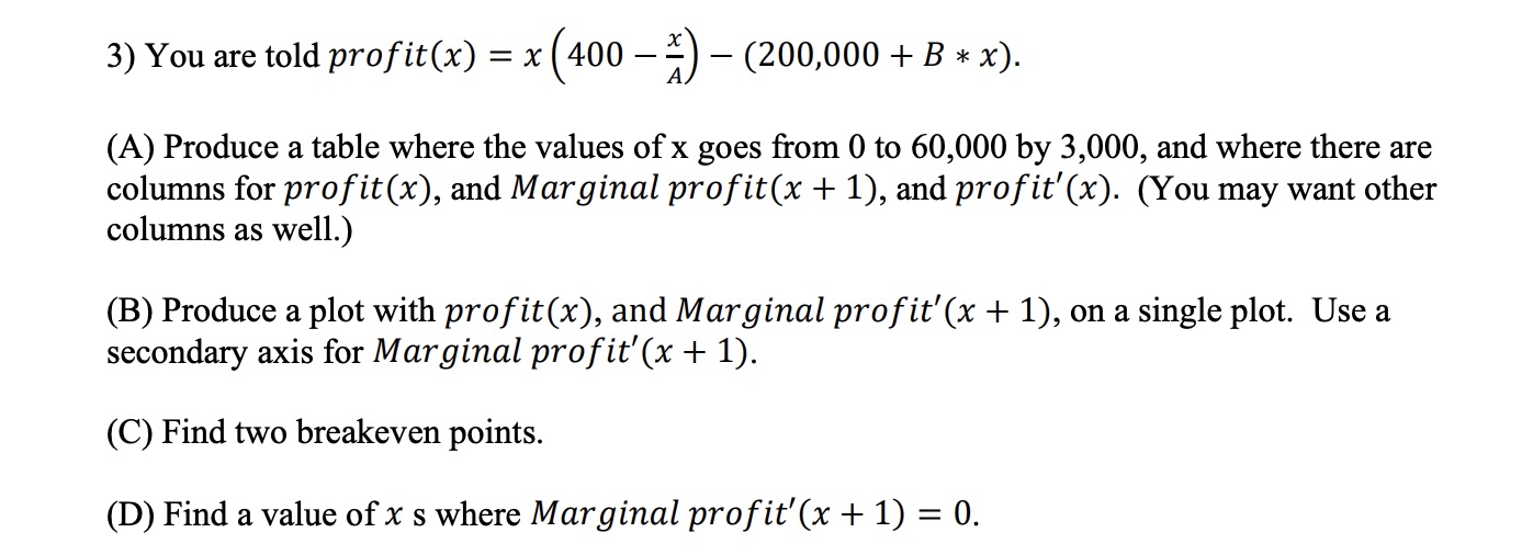Solved You are told profit (x)=x(400-xA)-(200,000+B*x). | Chegg.com