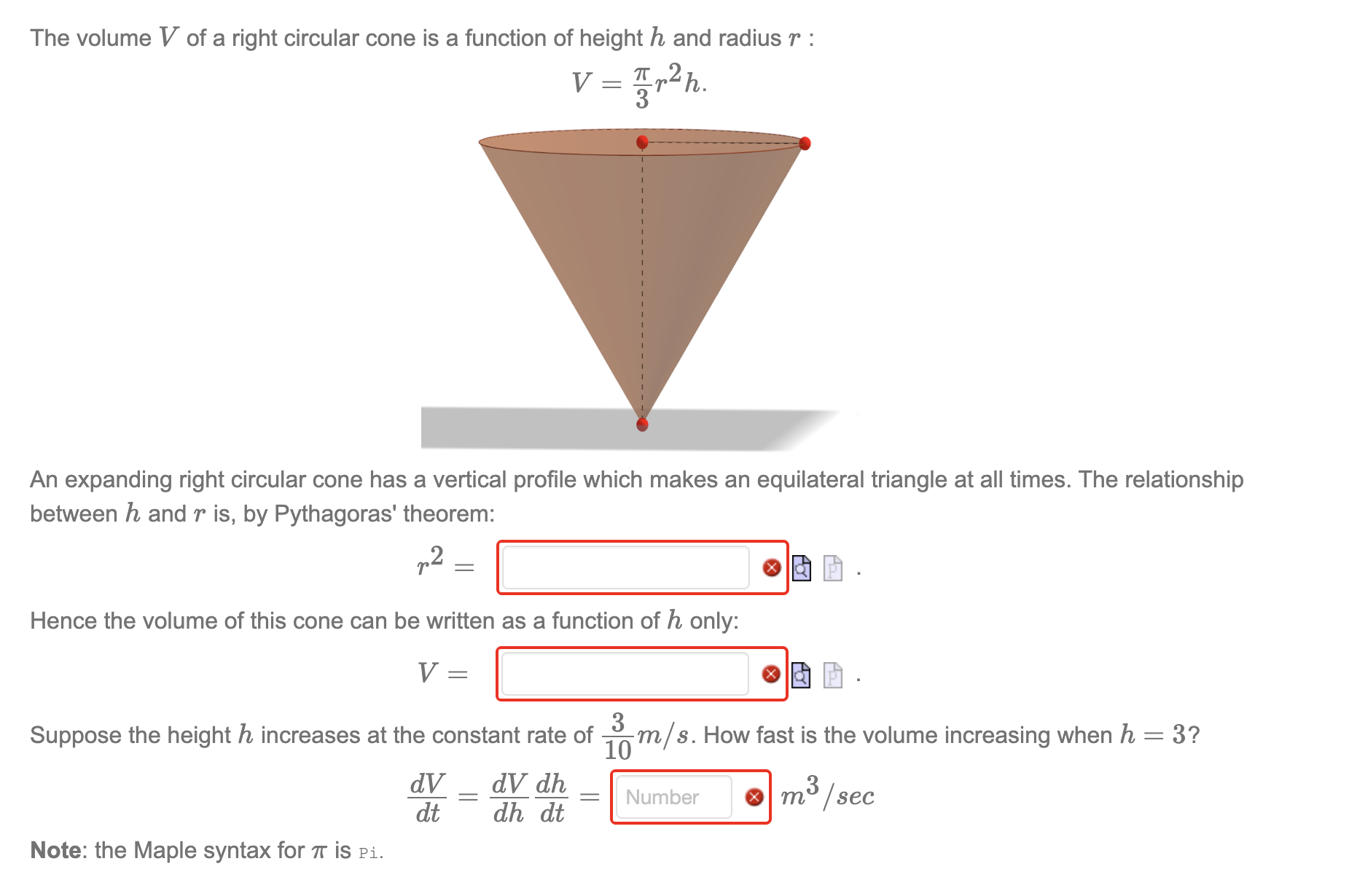 Solved The volume V ﻿of a right circular cone is a function | Chegg.com