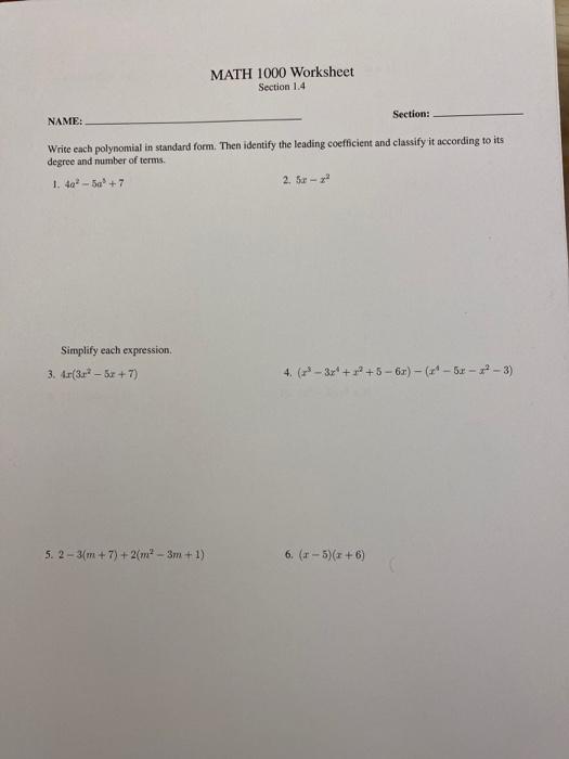 Solved MATH 1000 Worksheet Section 1.4 Section: NAME: Write | Chegg.com