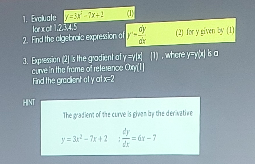 Solved Evaluate y=3x2-7x+2, (1) ﻿for x ﻿at 11,2,3,4,5Find | Chegg.com