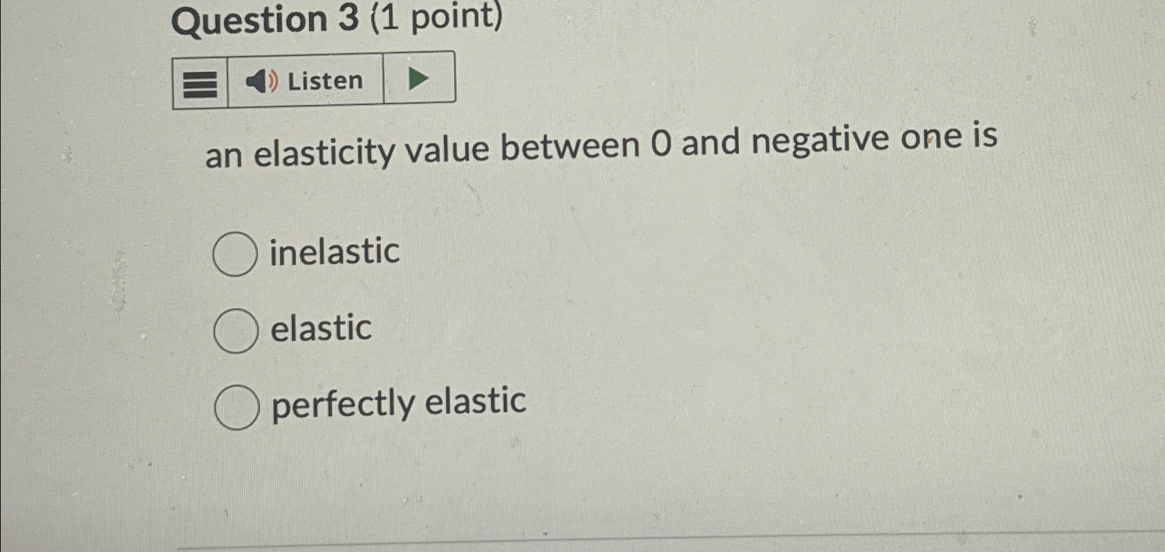 Solved Question 3 (1 ﻿point)an elasticity value between 0 | Chegg.com
