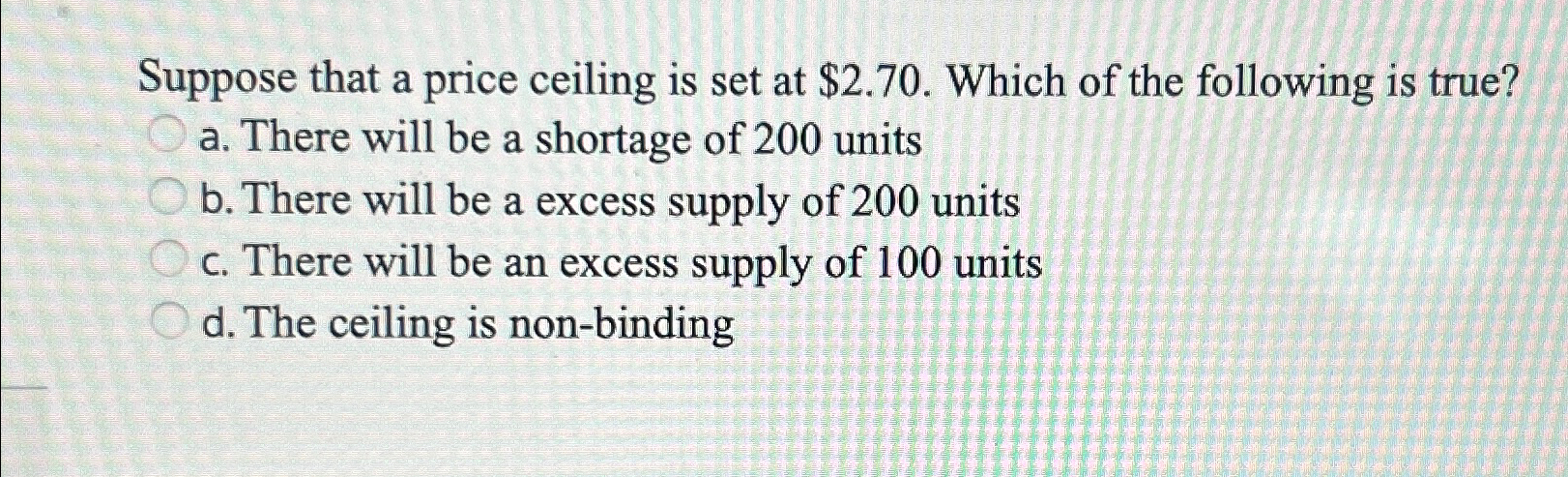 Solved Suppose that a price ceiling is set at $2.70. ﻿Which | Chegg.com