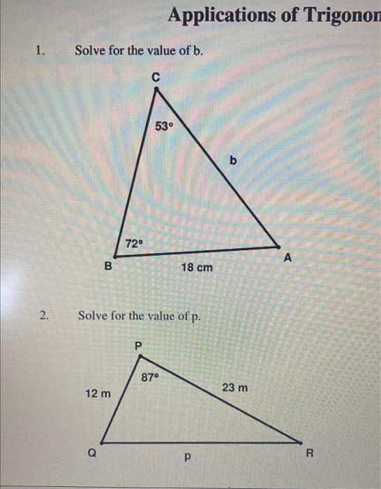 Solved Applications of Trigonon 1. Solve for the value of b. | Chegg.com