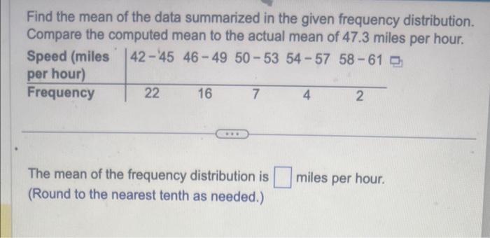 Solved Find the mean of the data summarized in the given | Chegg.com