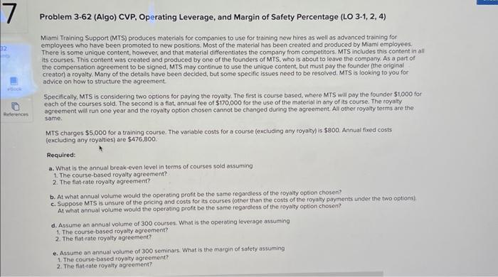 Solved Problem 3-62 (Algo) CVP, Operating Leverage, and | Chegg.com