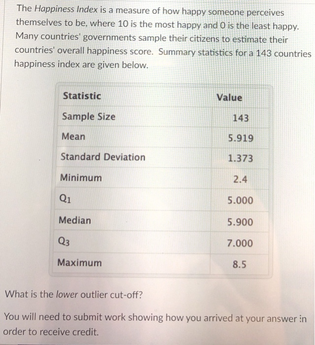 Solved The Happiness Index is a measure of how happy someone | Chegg.com