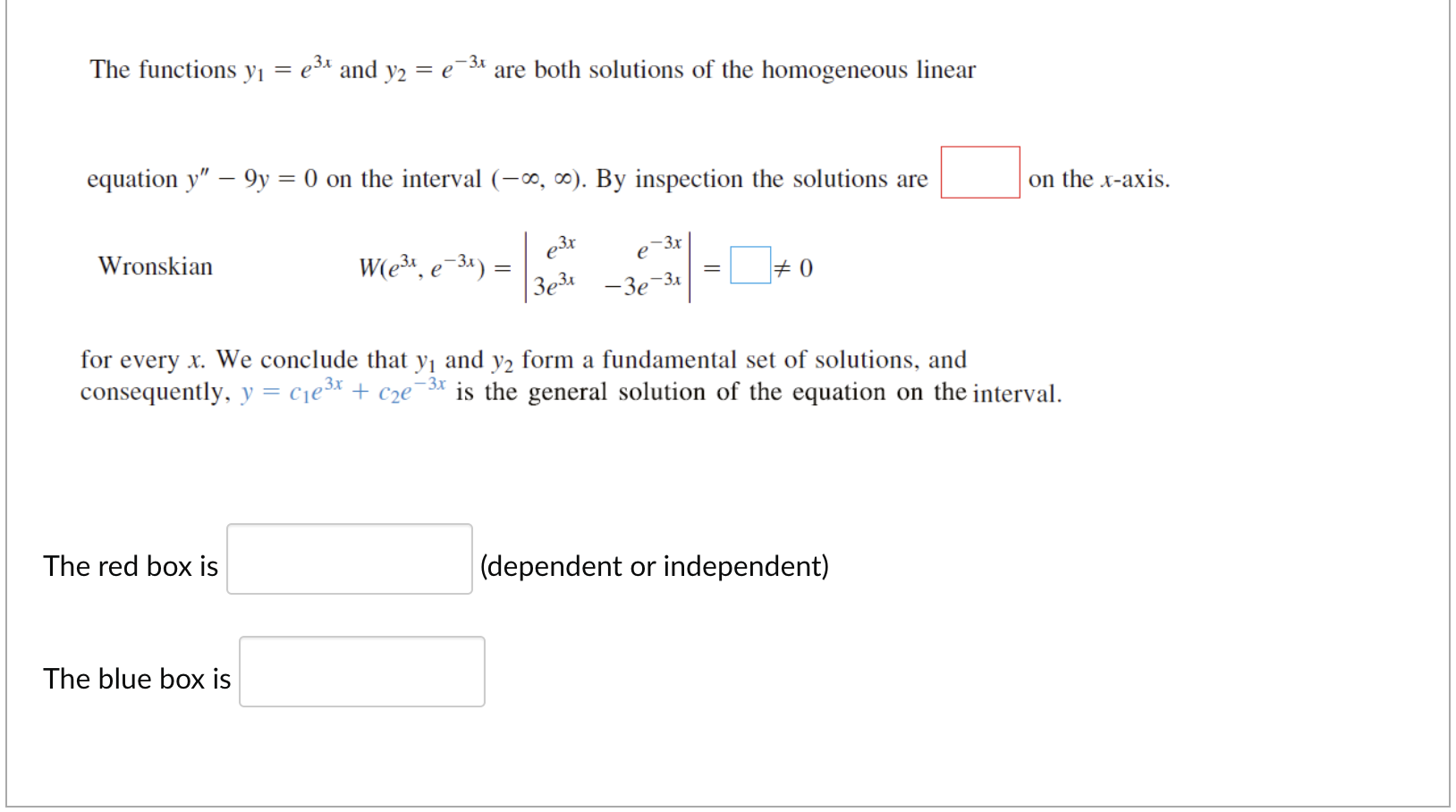 Solved The functions y1=e3x ﻿and y2=e-3x ﻿are both solutions | Chegg.com