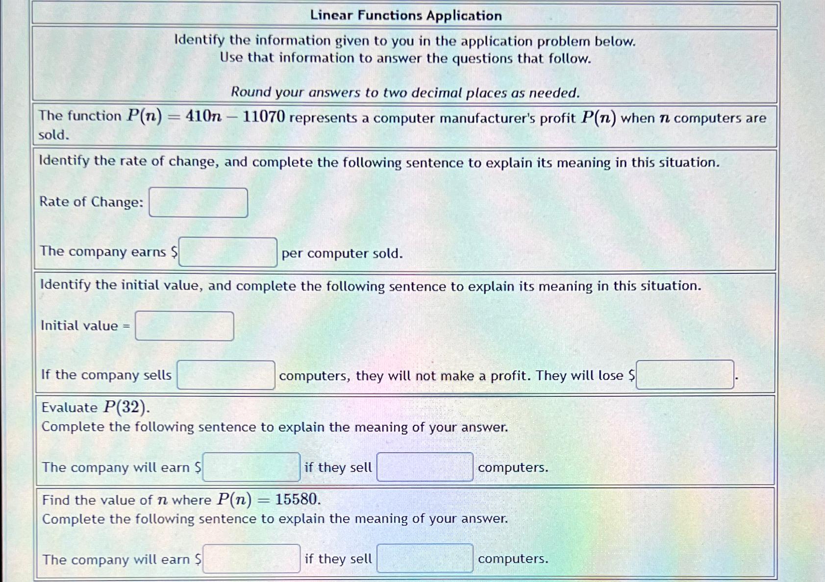 Solved Linear Functions ApplicationIdentify the information | Chegg.com